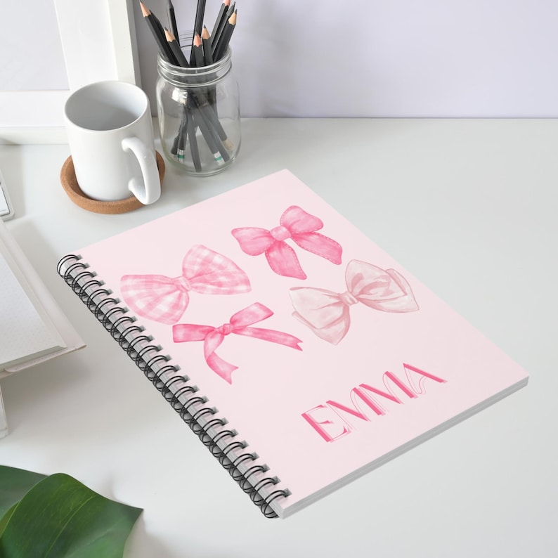 Pink Bow Spiral Notebook, Personalized Ruled Line Notebook Cute ...