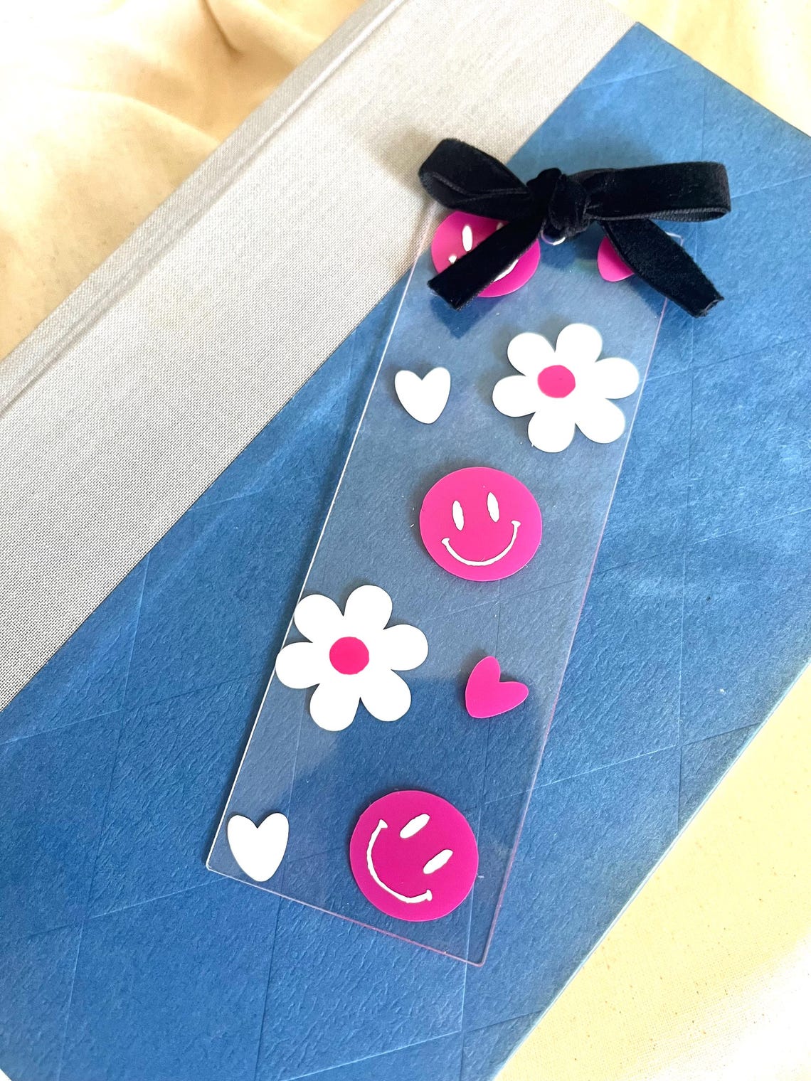Acrylic Bookmark - Smiley Faces & Hearts With Black Velvet Ribbon Bow ...