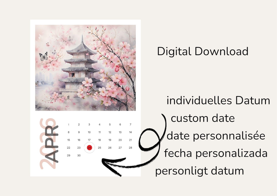 Personalized Japanese Calendar Image With Pagoda, Cherry Blossoms ...