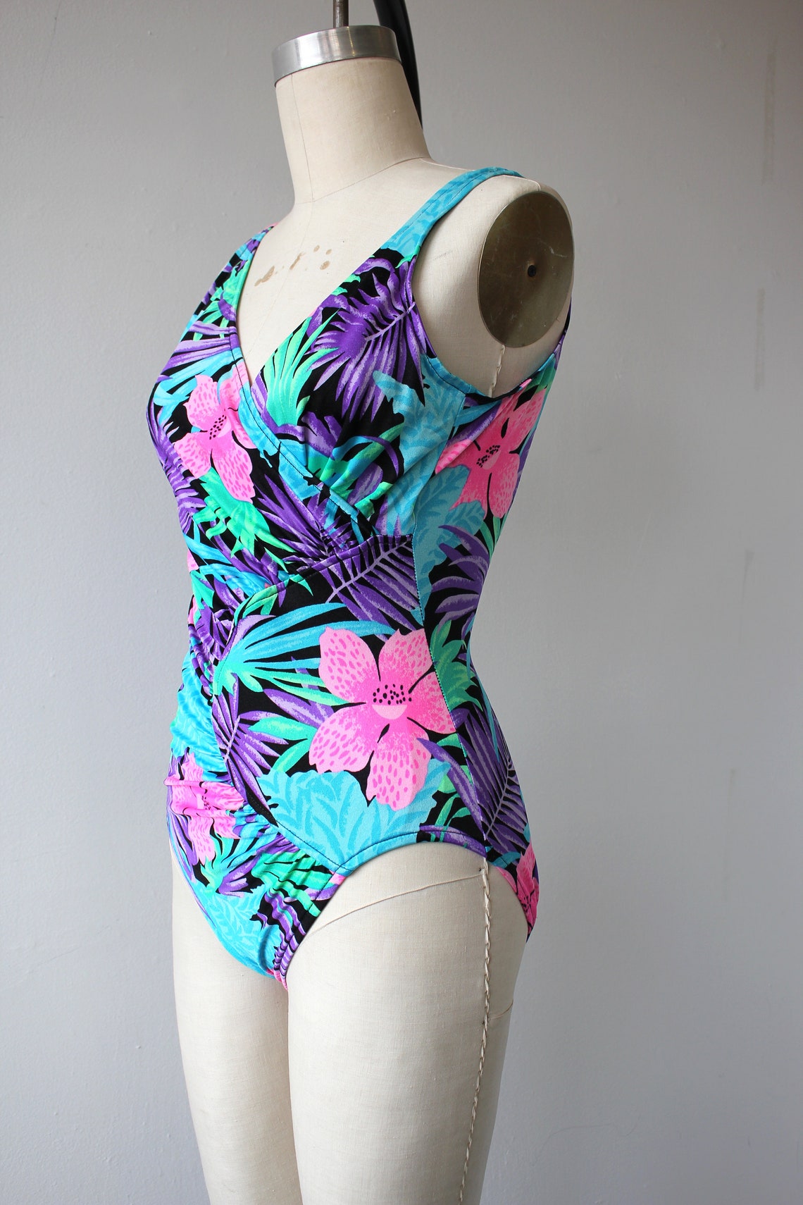 Vintage 1980s Bathing Suit / 80s Bright Neon Floral Swimsuit / | Etsy