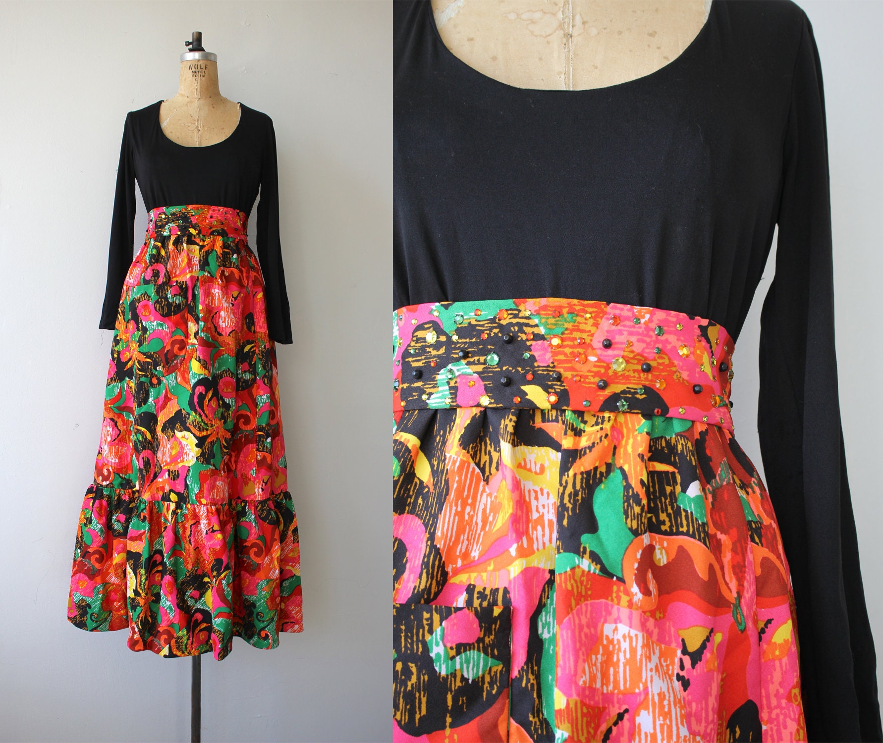 Vintage 1960s dress / 60s maxi dress / 60s black and floral | Etsy