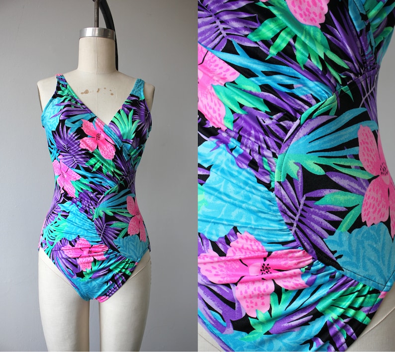Vintage 1980s Bathing Suit / 80s Bright Neon Floral Swimsuit / | Etsy