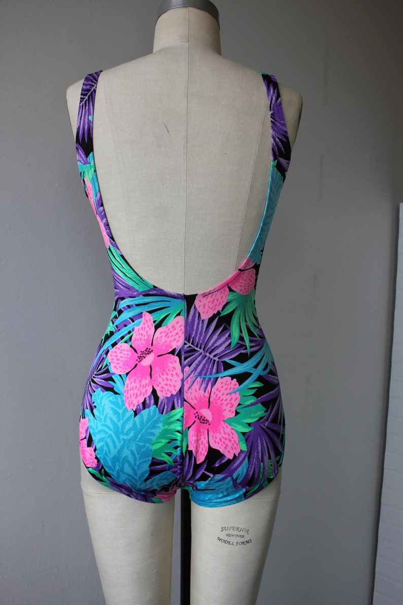 Vintage 1980s Bathing Suit / 80s Bright Neon Floral Swimsuit / | Etsy