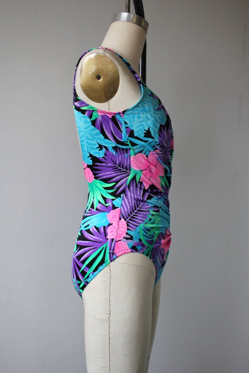 Vintage 1980s Bathing Suit / 80s Bright Neon Floral Swimsuit / | Etsy