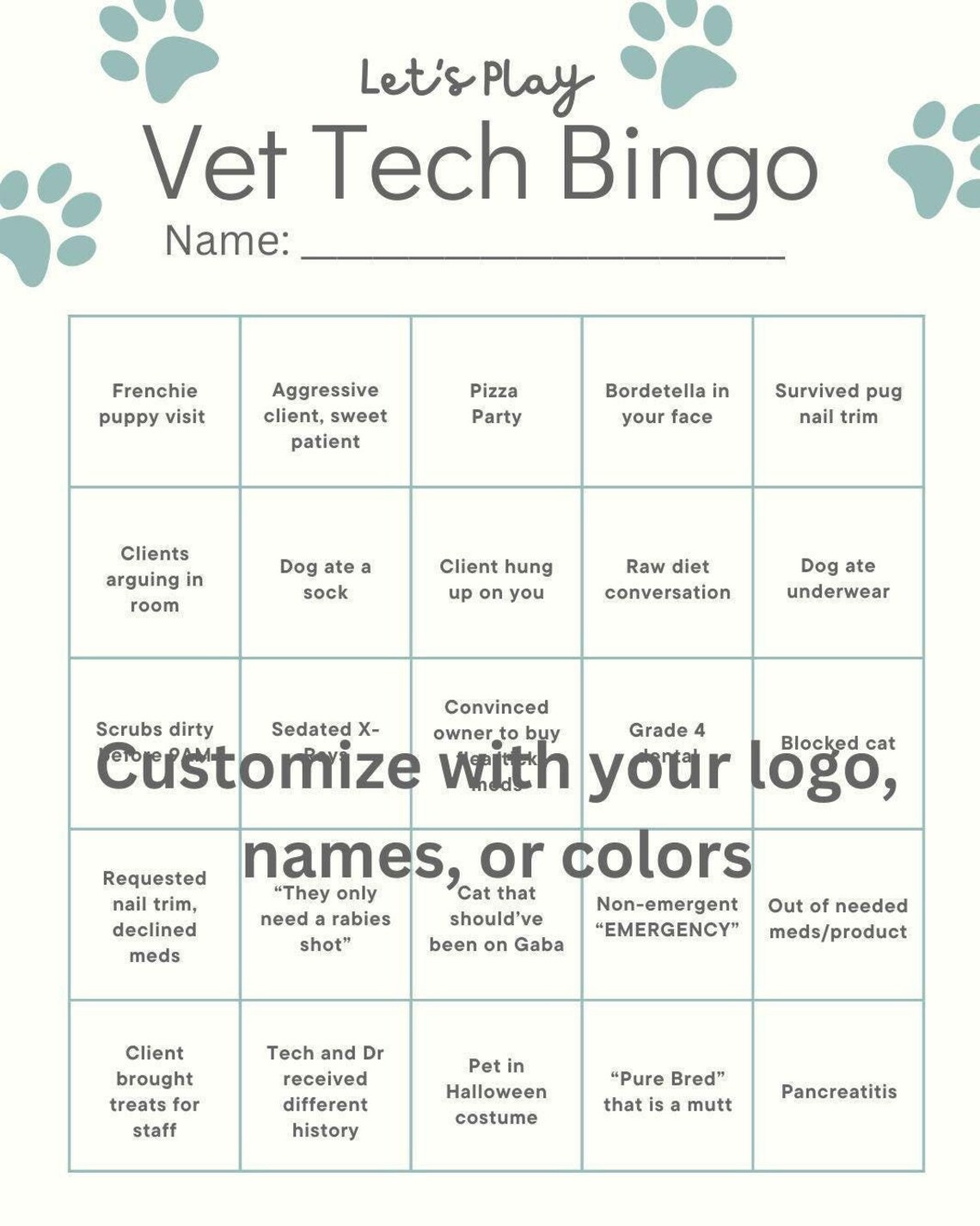 Vet Tech Week Bingo Cards Prints or Digital Copy, Customizable, 12 Ct ...