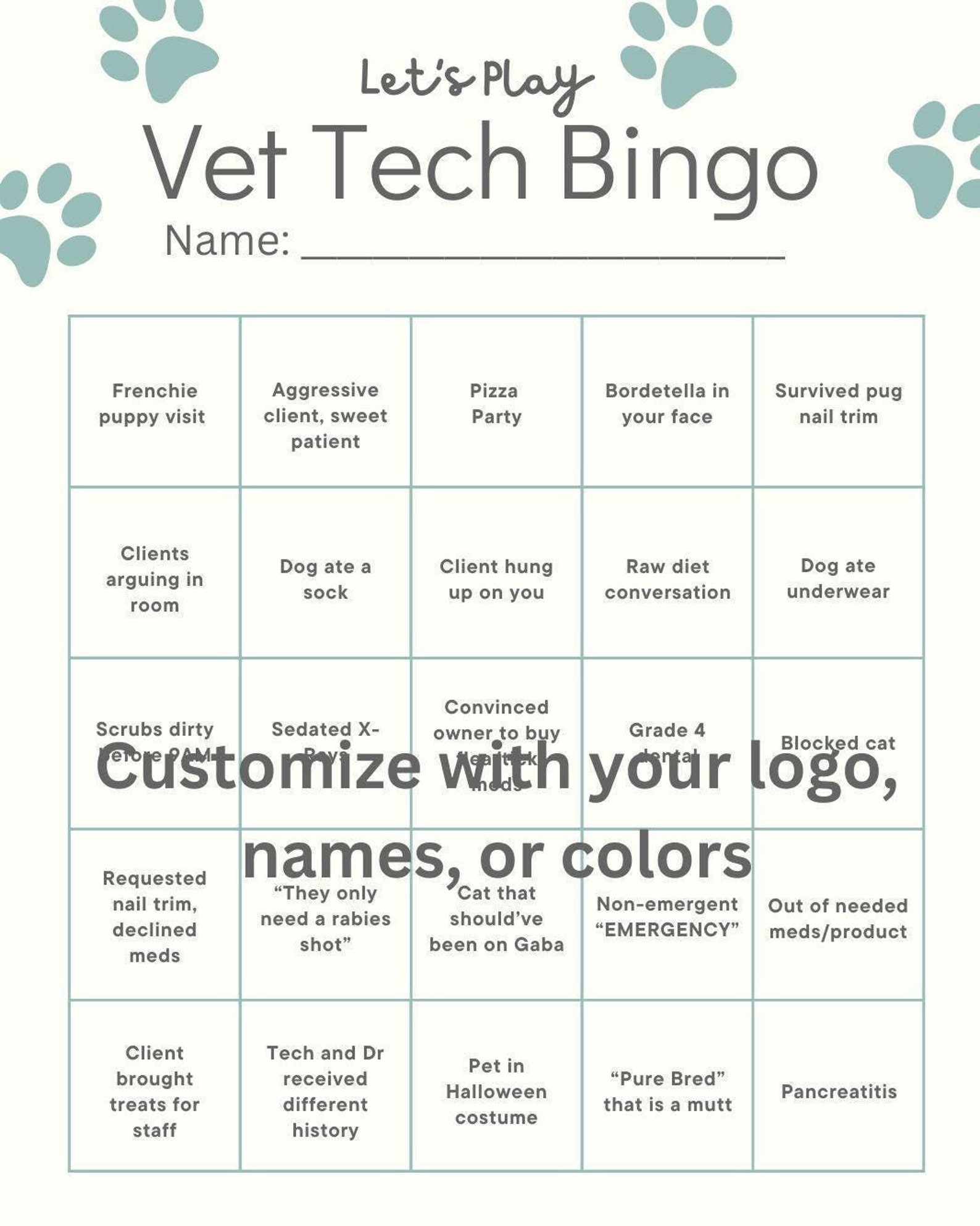Vet Tech Week Bingo Cards Prints or Digital Copy, Customizable, 12 Ct ...