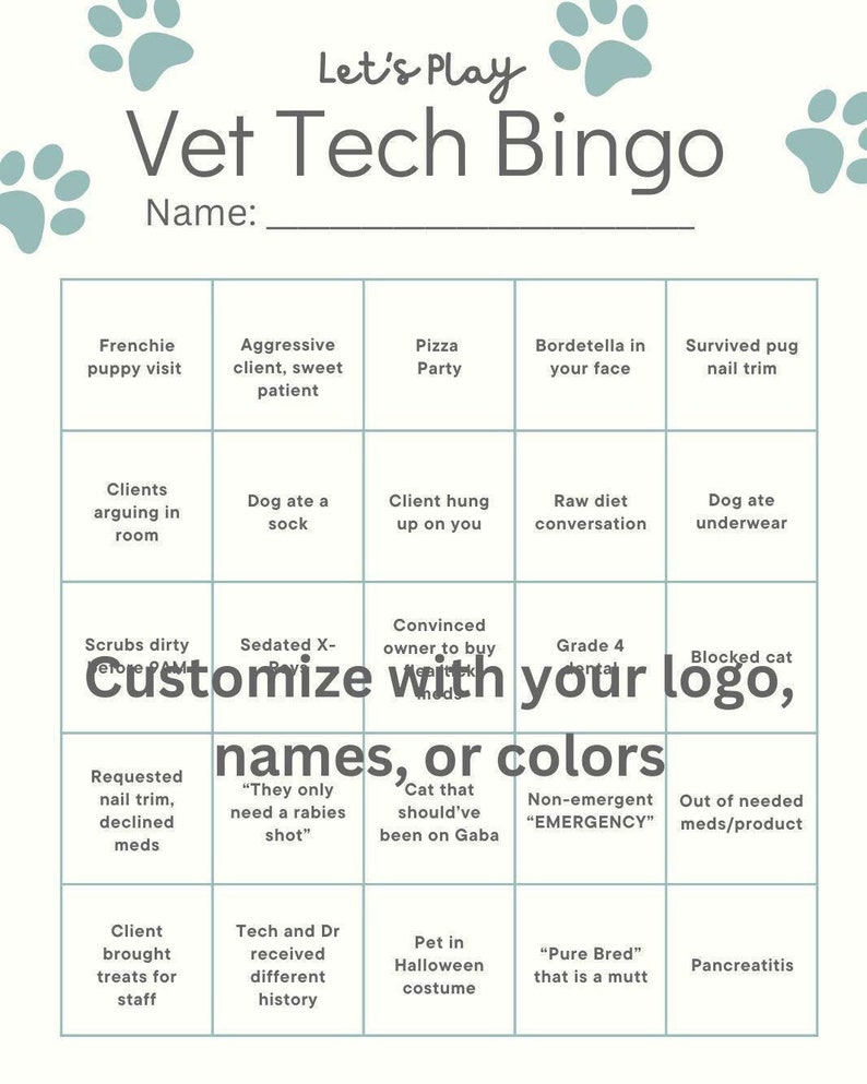 Vet Tech Week Bingo Cards Prints or Digital Copy, Customizable, 12 Ct ...