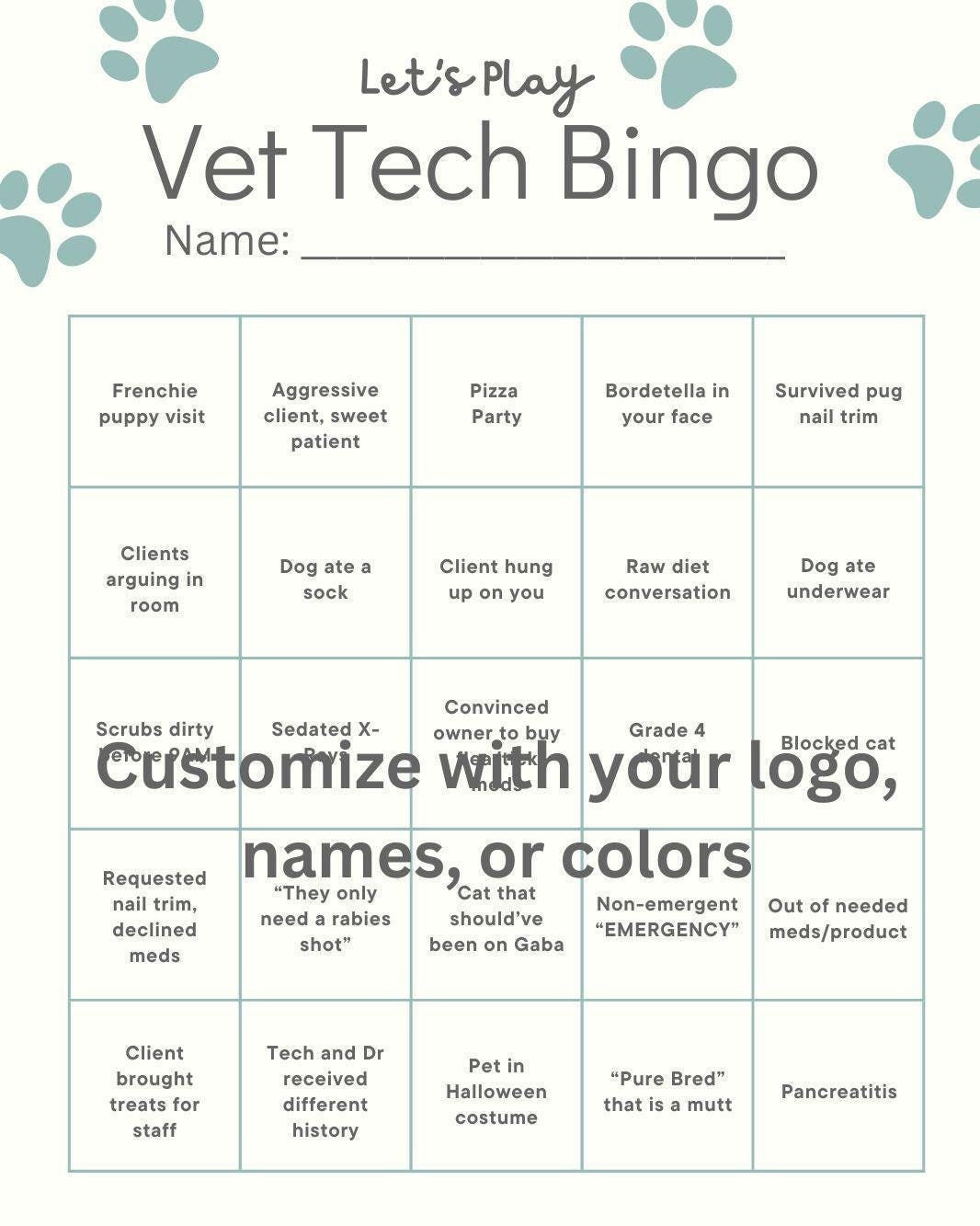 Vet Tech Week Bingo Cards Prints or Digital Copy, Customizable, 12 Ct ...