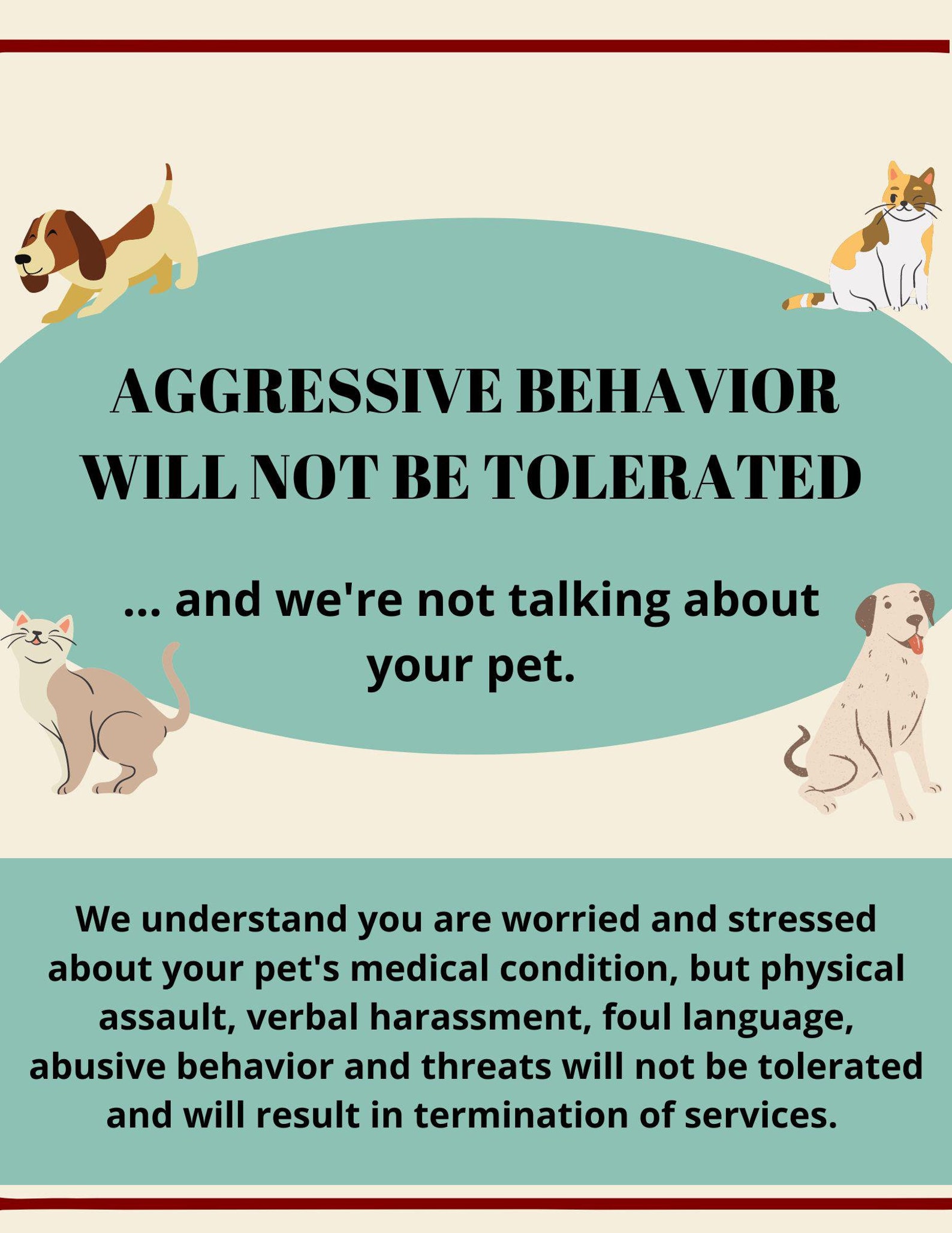 Vet Clinic Client Sign Aggressive Behavior Will Not Be Tolerated - Etsy