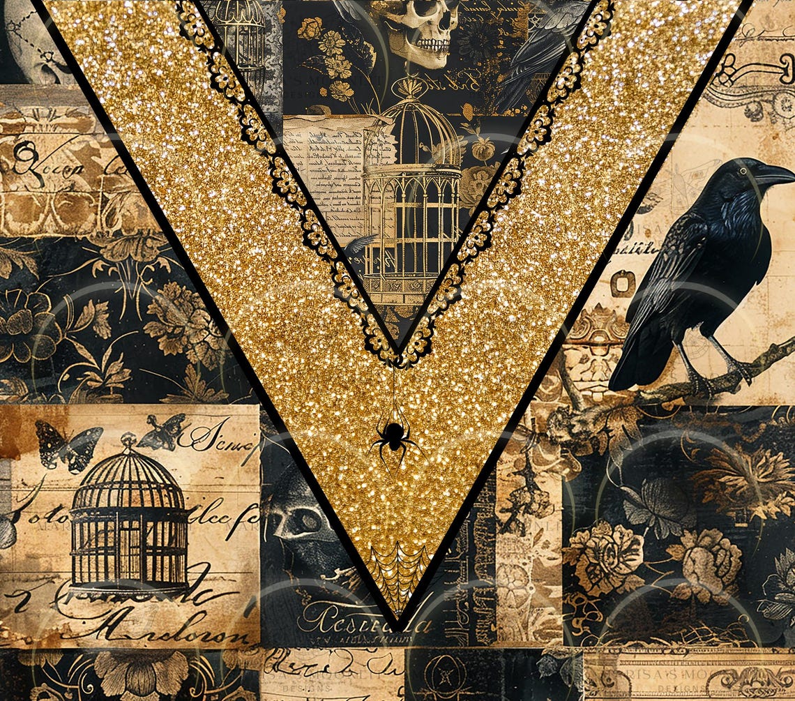Gothic Raven Skull Patchwork Spider Cage Paper Gold Sublimation V-split Tumbler Wrap Design PNG ...