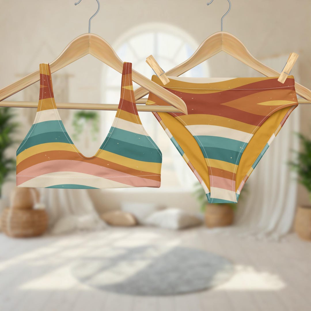 Desert Tides High Waist Recycled Bikini | Earthy Wave Stripe Swimwear ...