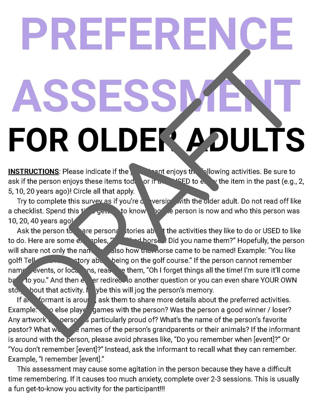 Preference Assessment for Older Adults & Seniors, Reinforcer Survey or ...