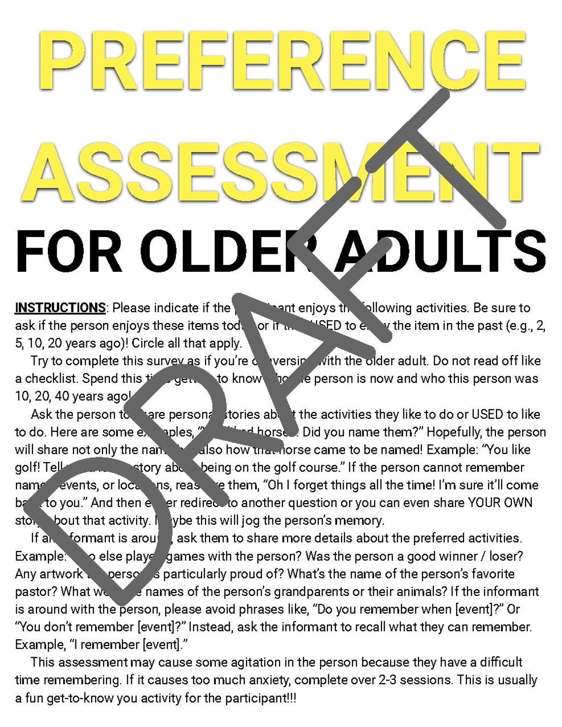 Preference Assessment for Older Adults & Seniors, Reinforcer Survey or ...
