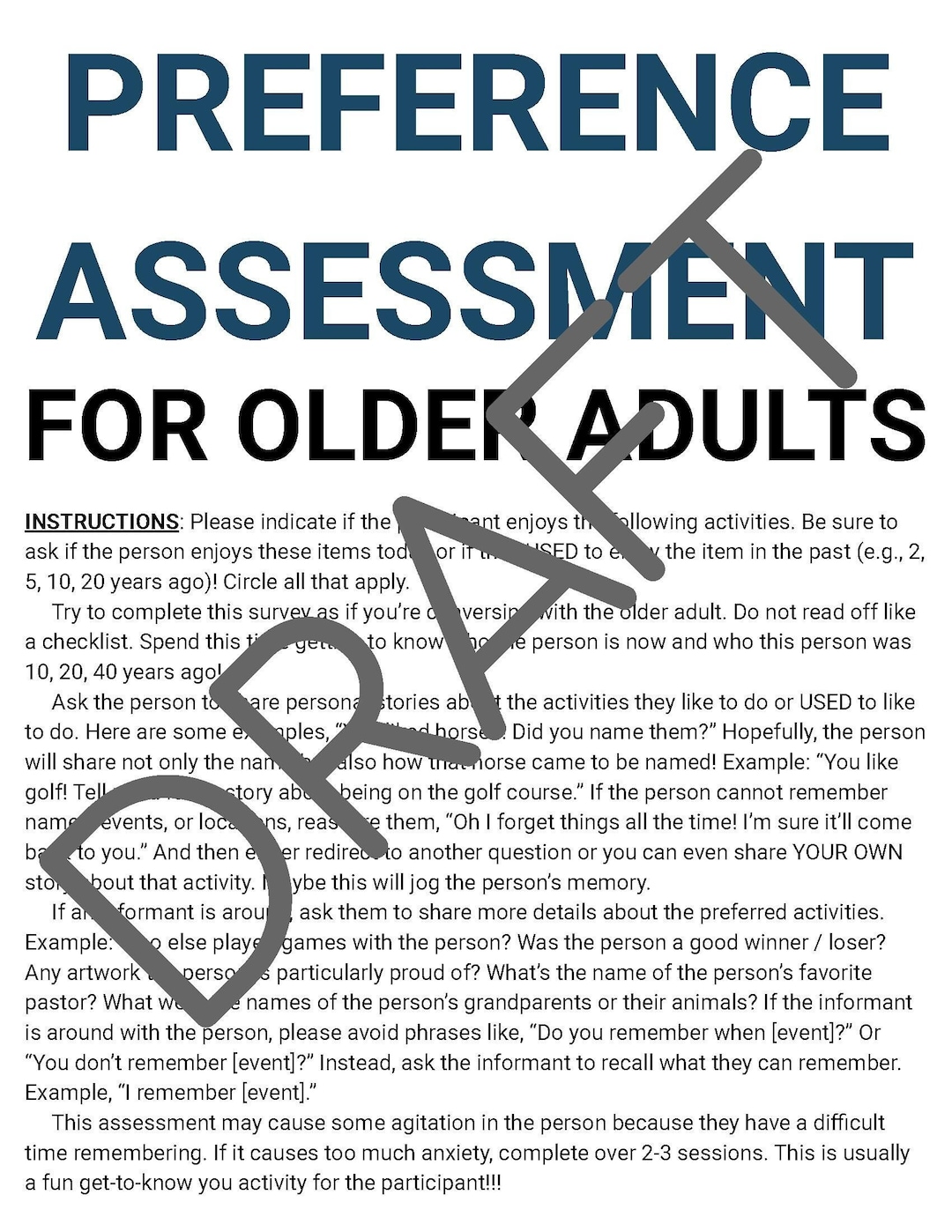 Preference Assessment for Older Adults & Seniors, Reinforcer Survey or ...