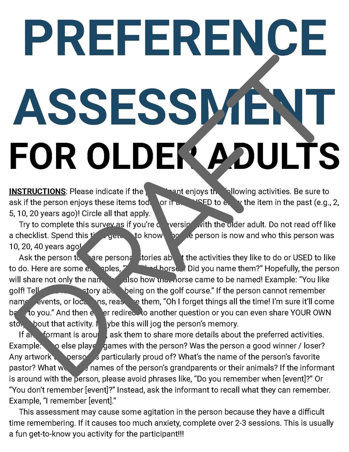 Preference Assessment for Older Adults & Seniors, Reinforcer Survey or ...