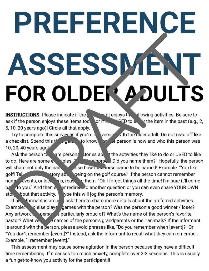 Preference Assessment for Older Adults & Seniors, Reinforcer Survey or ...
