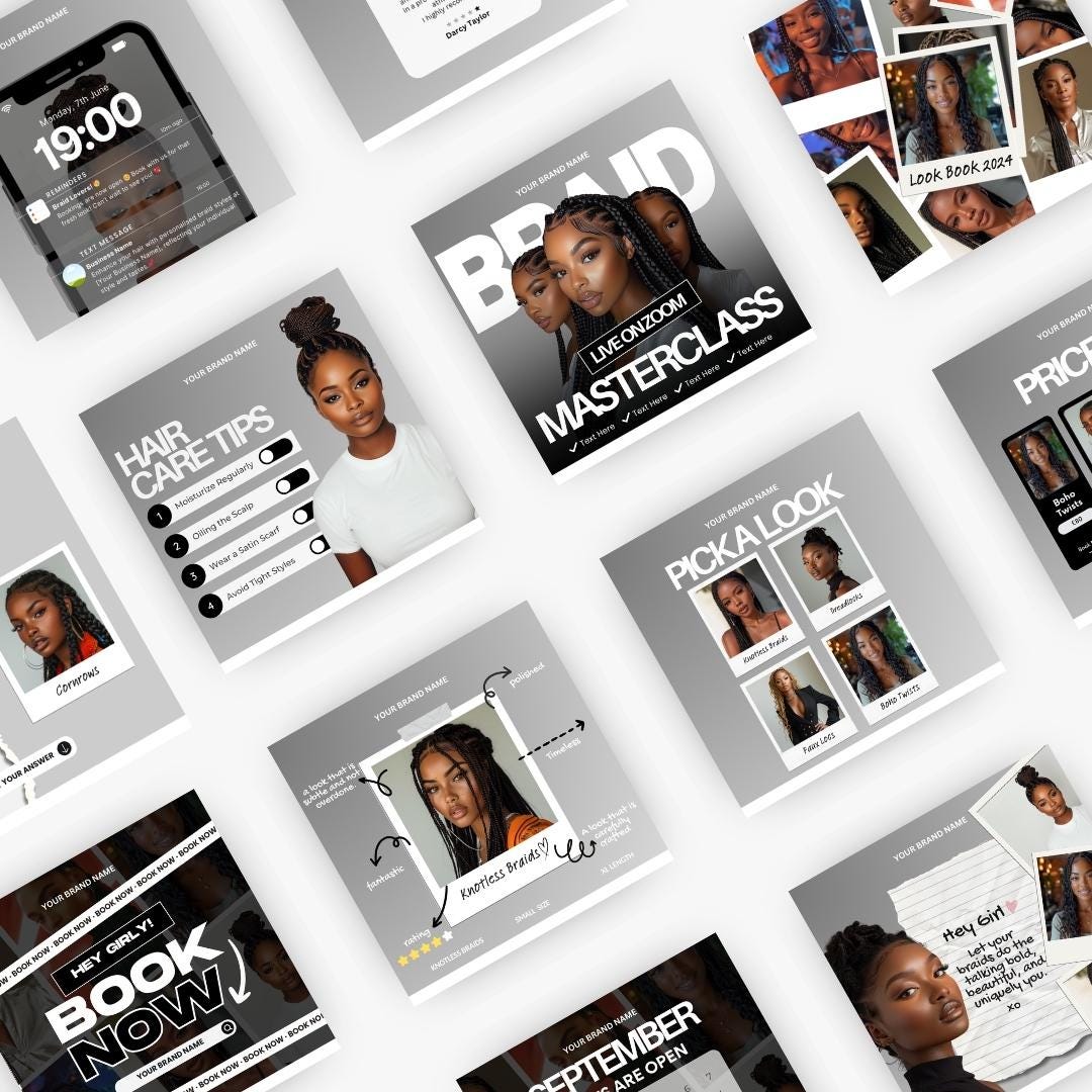 13 Hair Braiding Canva Templates | Complete Social Media Kit for Hair ...
