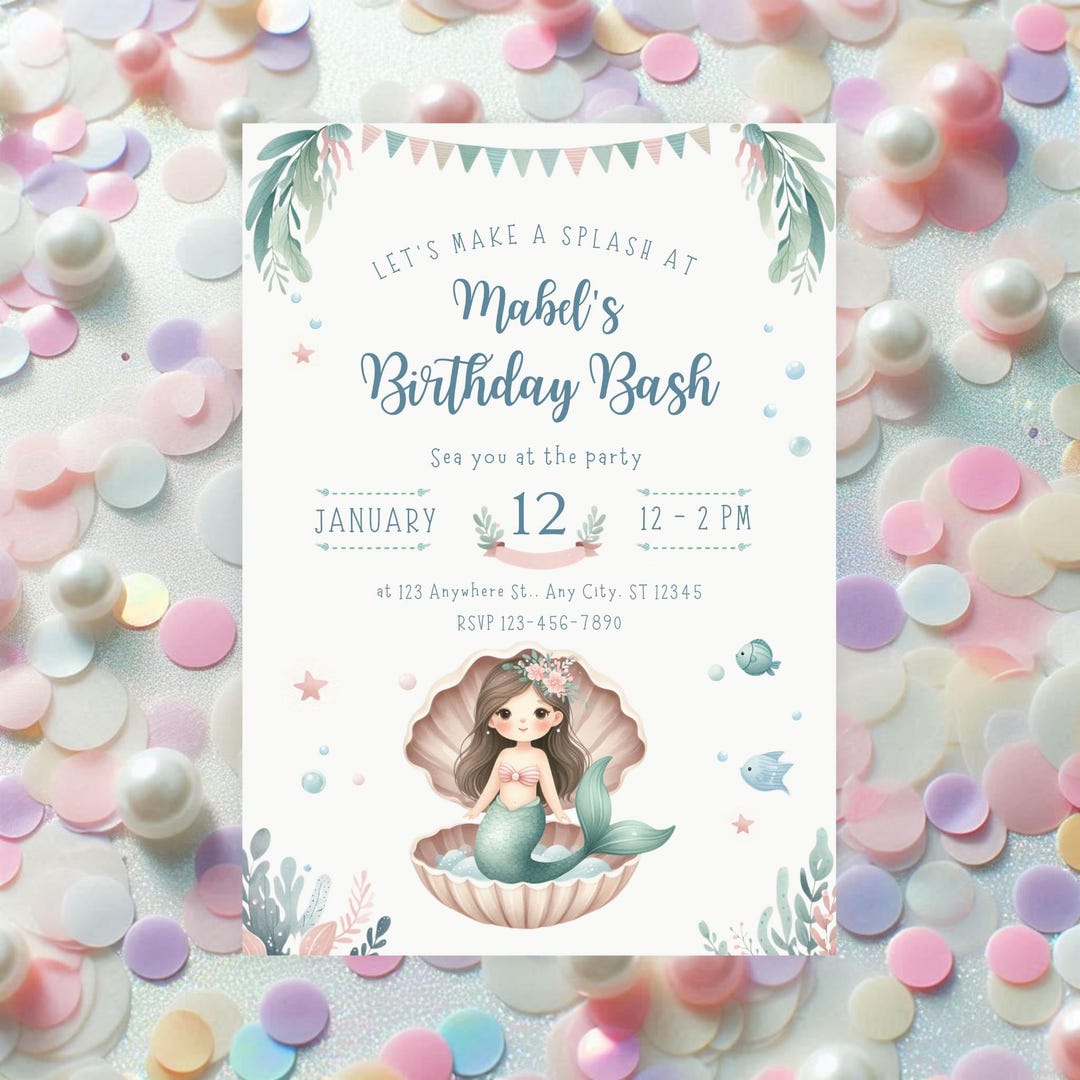 Editable Mermaid Birthday Party Invitation: Canva Template (digital ...