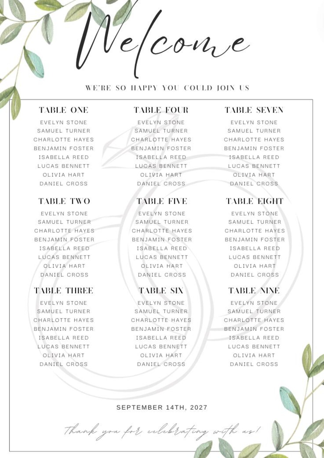 Elegant Wedding Seating Chart Digital Template, Clean, Modern Design ...