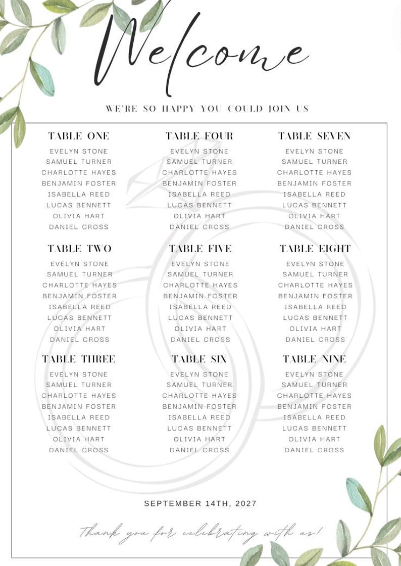 Elegant Wedding Seating Chart Digital Template, Clean, Modern Design ...