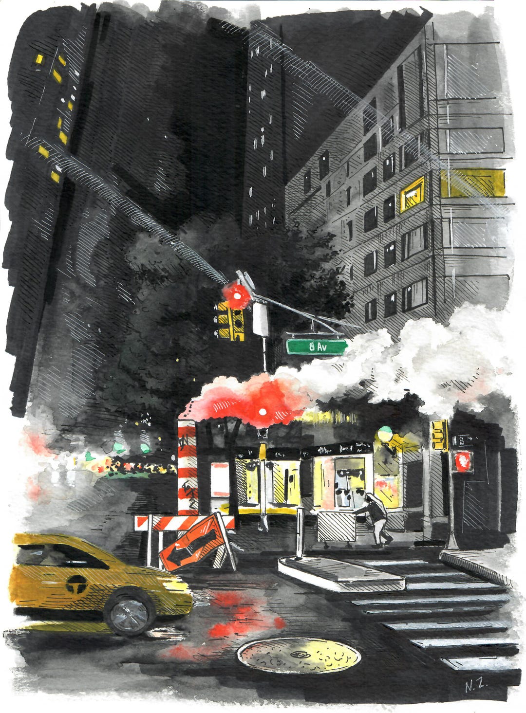 Night New York City Drawing, 8 Avenue, Art Sketching Print, Wall Art ...