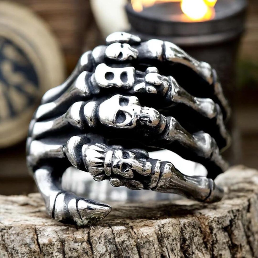 Chunky Gothic Skeleton Hand Ring for Men, Handmade Stainless Steel ...