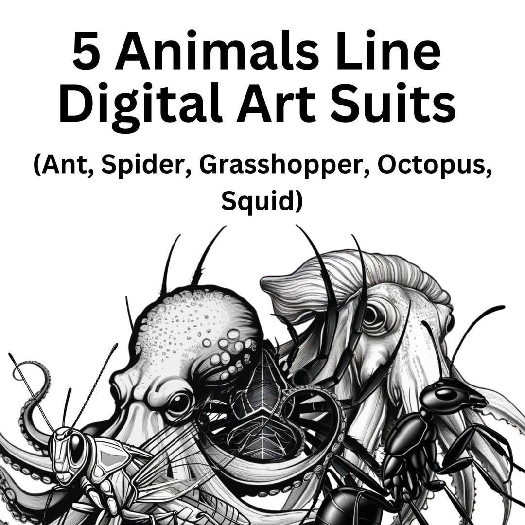 5 Animals Line Digital Art Suits (ant, Spider, Grasshopper, Octopus ...
