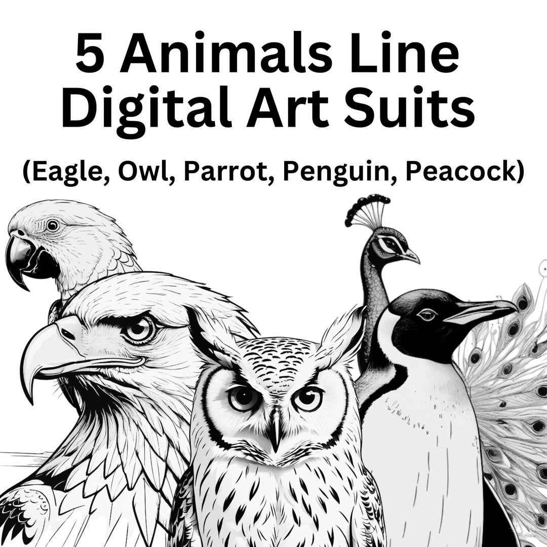 5 Animals Line Digital Art Suits (eagle, Owl, Parrot, Penguin, Peacock ...