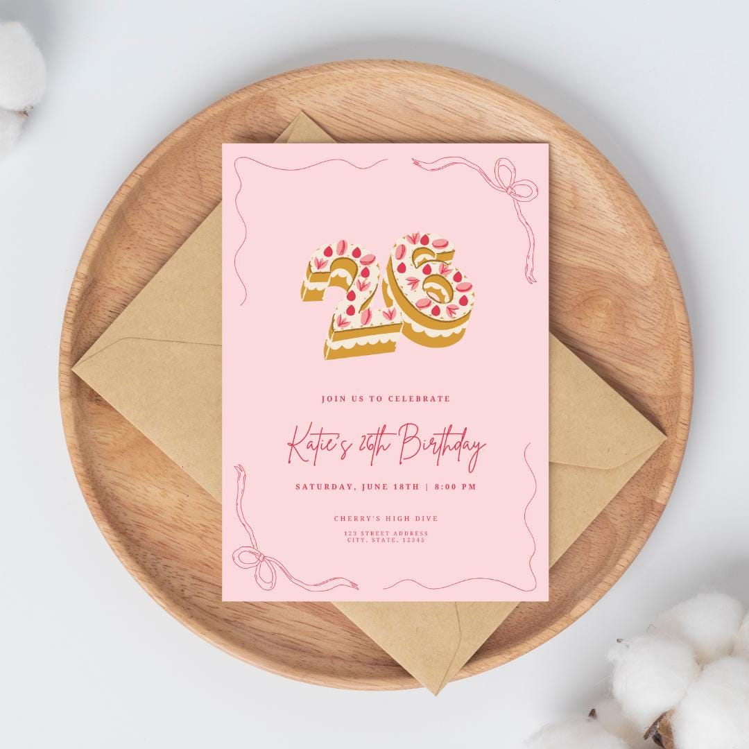 Bow 26th Birthday Invitation Template Editable Digital Template Pink ...