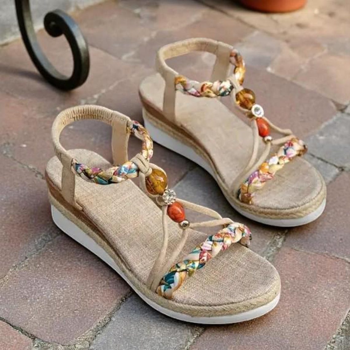 Boho Wedge Sandals for Women – Summer Platform Shoes, Beaded Braided ...