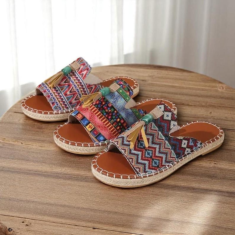 Artisan Bohemian Sandals for Women | Colorful Flat Slip-on Shoes ...