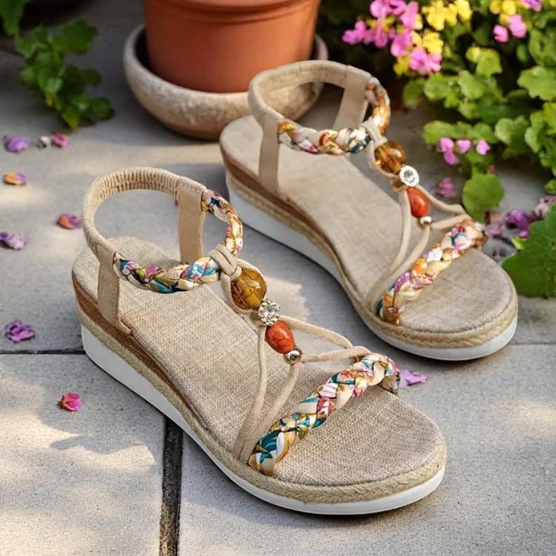 Boho Wedge Sandals for Women – Summer Platform Shoes, Beaded Braided ...