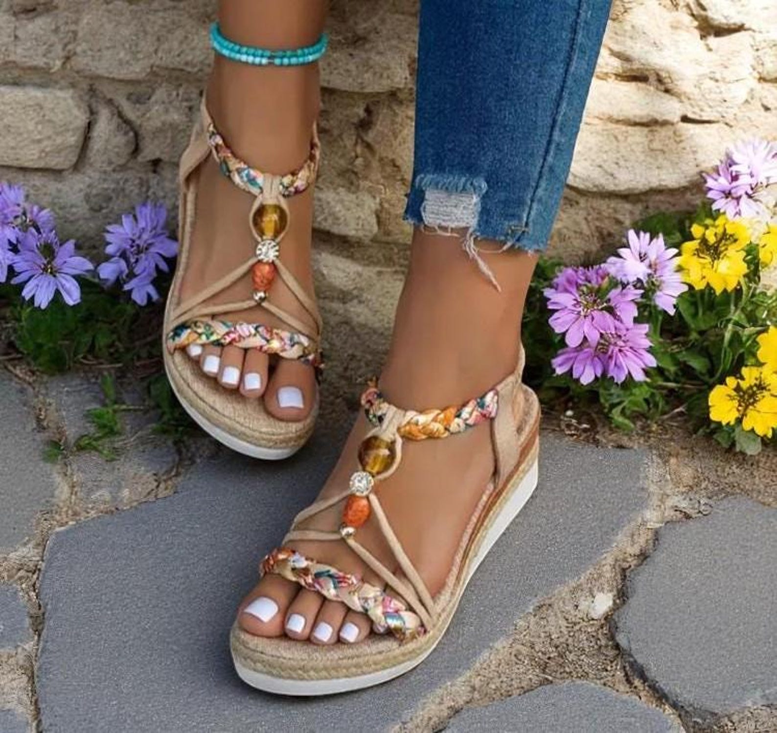Boho Wedge Sandals for Women – Summer Platform Shoes, Beaded Braided ...