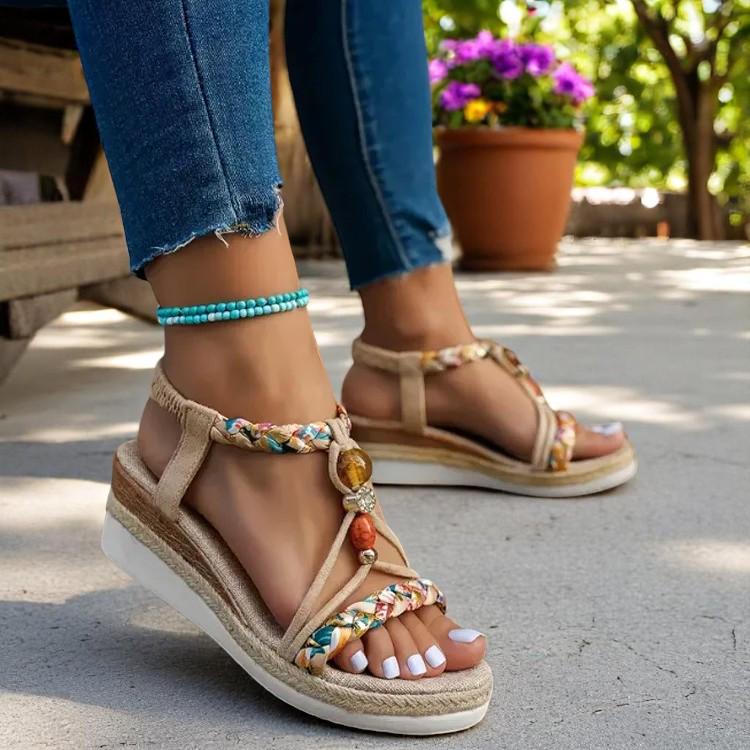 Boho Wedge Sandals for Women – Summer Platform Shoes, Beaded Braided ...