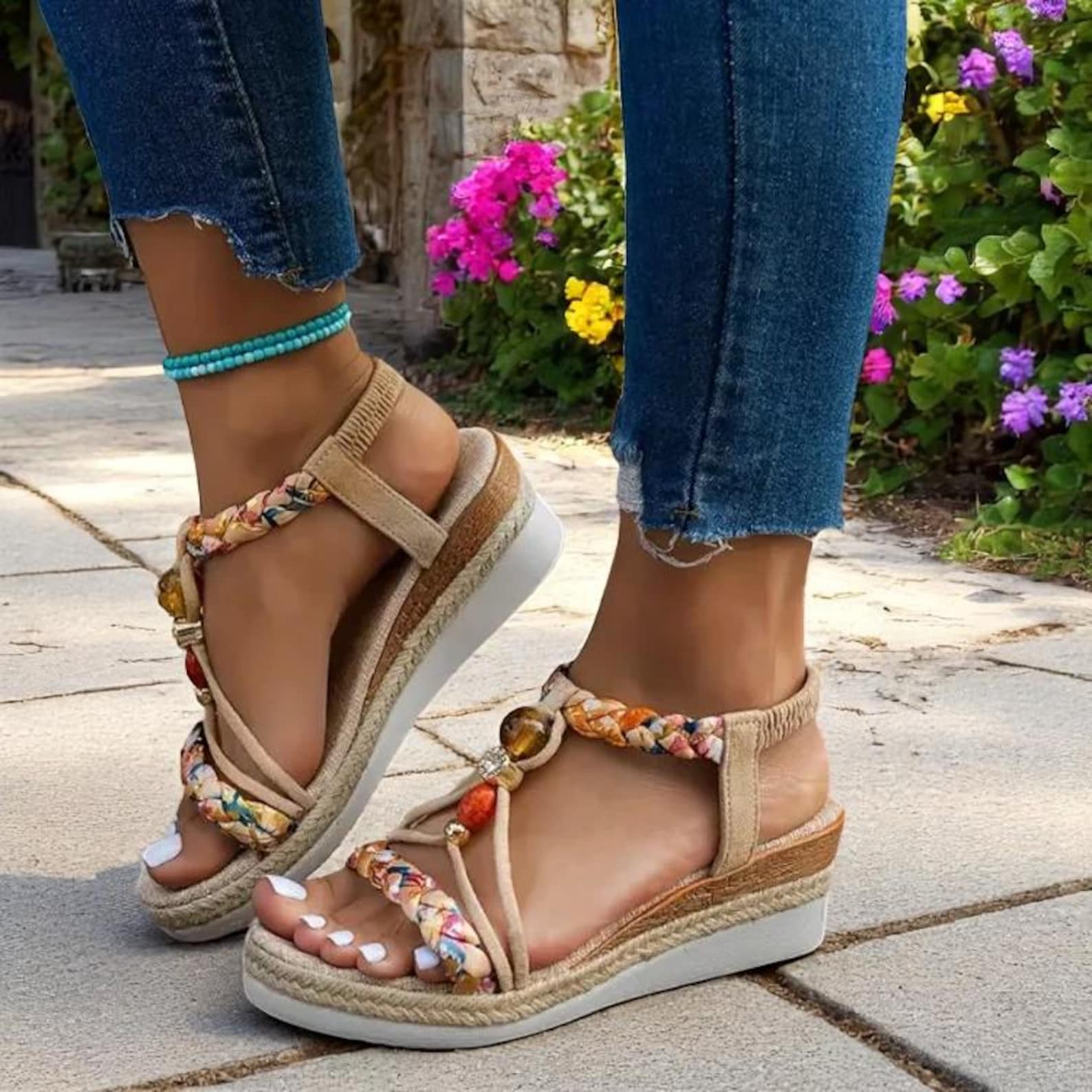 Boho Wedge Sandals for Women – Summer Platform Shoes, Beaded Braided ...