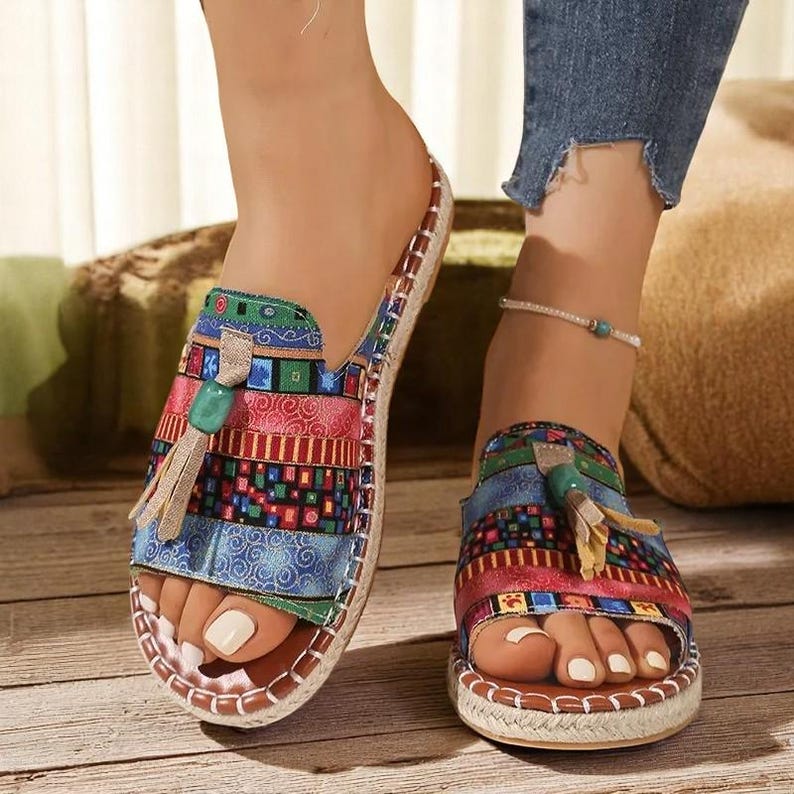 Artisan Bohemian Sandals for Women | Colorful Flat Slip-on Shoes ...