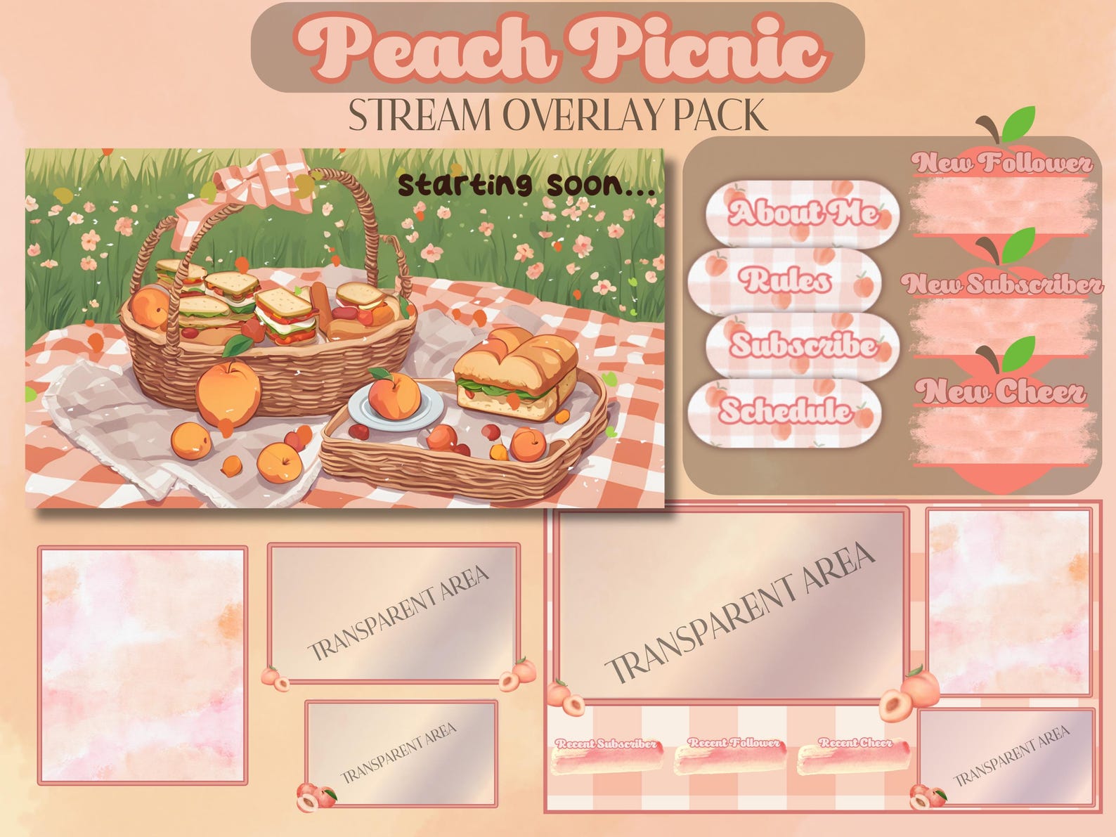 Peach Picnic Stream Overlay Package: Animated Twitch & Youtube Bundle ...