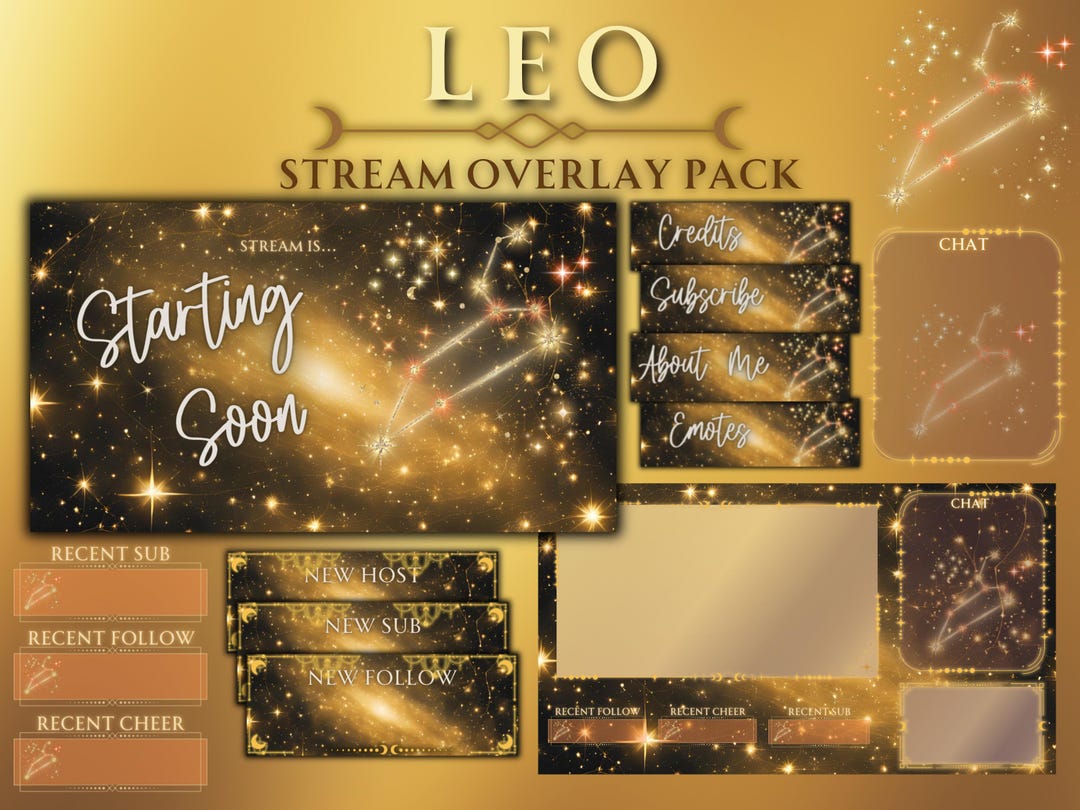 LEO | Zodiac Stream Overlay Package | Gold Galaxy Stream Overlay Bundle ...