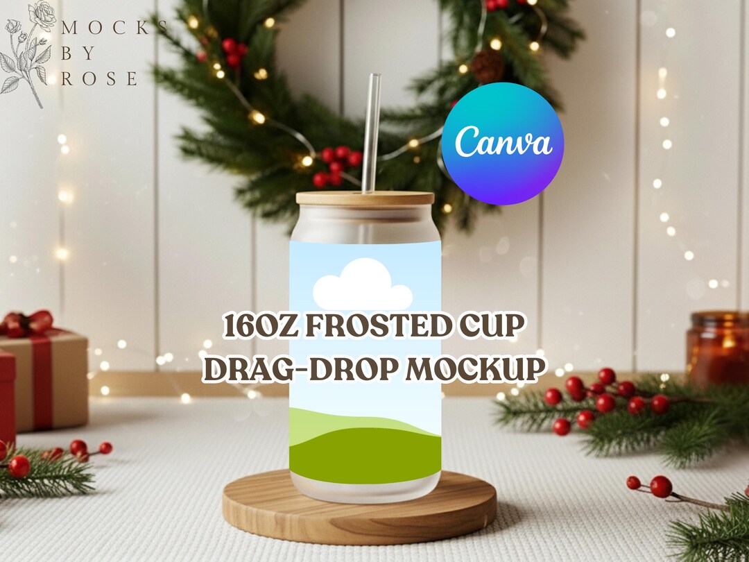 16oz Frosted Cup Mockup Sipper Glass Cup Drag Drop Canva Mockup Boho ...