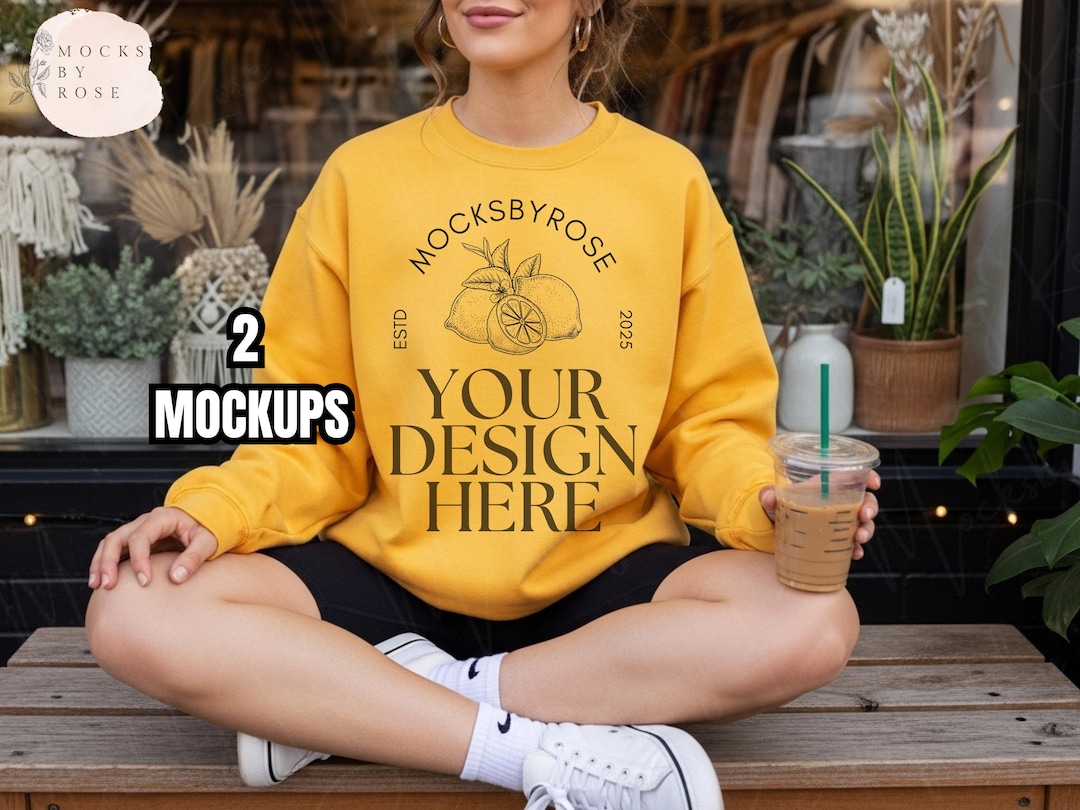 Gildan 18000 Gold Sweatshirt Mockup Gildan Gold Yellow Sweater Model ...