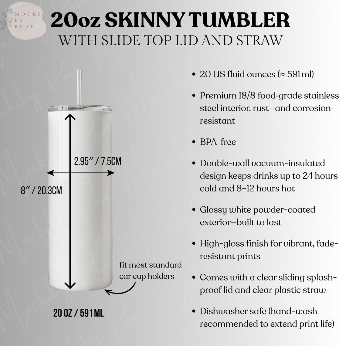 20oz White Skinny Tumbler Size Chart | Skinny Tumbler Specs & Size ...