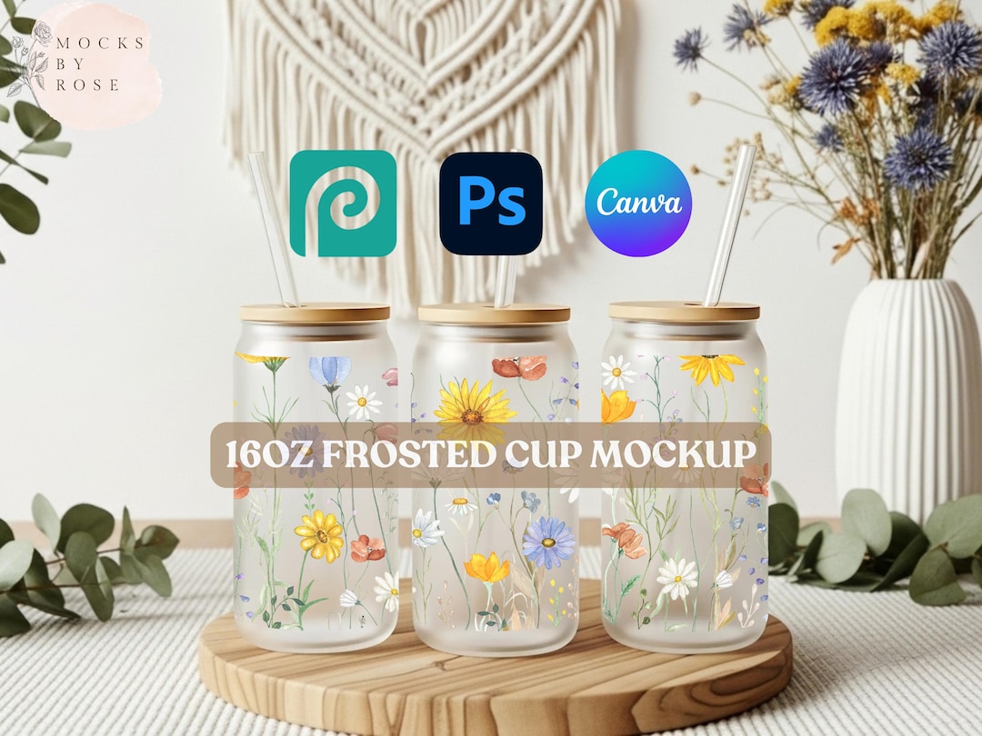 ICP 16oz Frosted Cup Mockup PSD | 16oz Sipper Glass Cup Drag Drop Canva ...