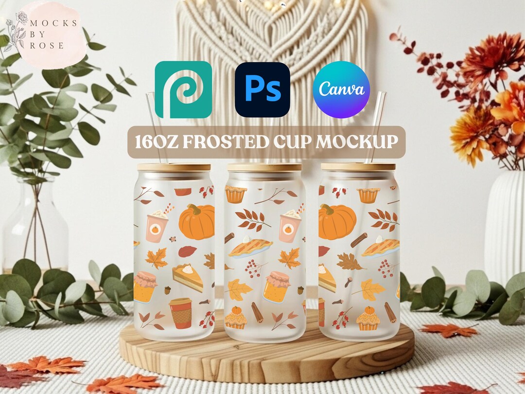 ICP 16oz Frosted Cup Mockup PSD | 16oz Sipper Glass Cup Drag Drop Canva ...