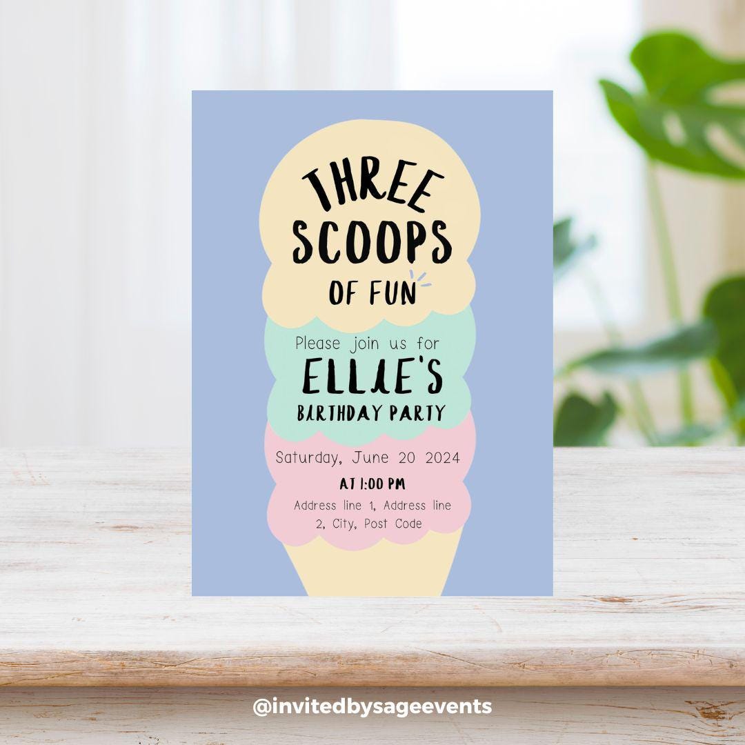 Three Scoops of Fun Customisable Party Invite, Editable Template, 3rd ...