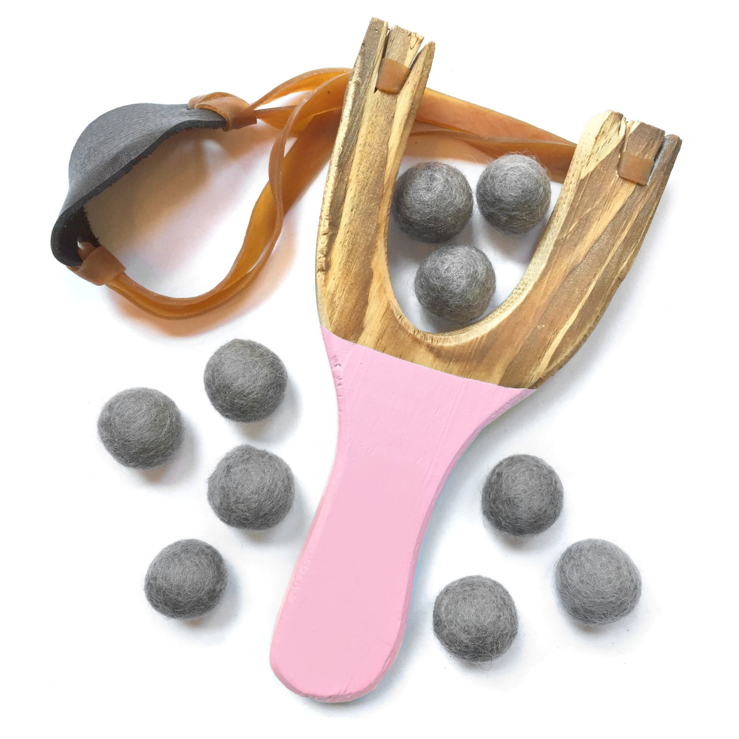 Wooden Slingshot Toy 10 Wool Felt Balls Ammo, Pink Red Toy Sling Shot ...