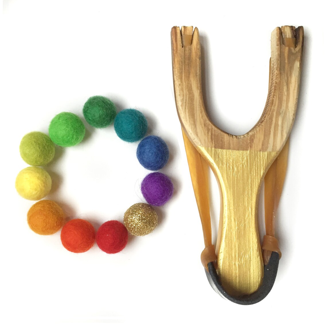 Golden Rainbow Wooden Slingshot Toy With 11 Colorful Wool Felt Balls ...