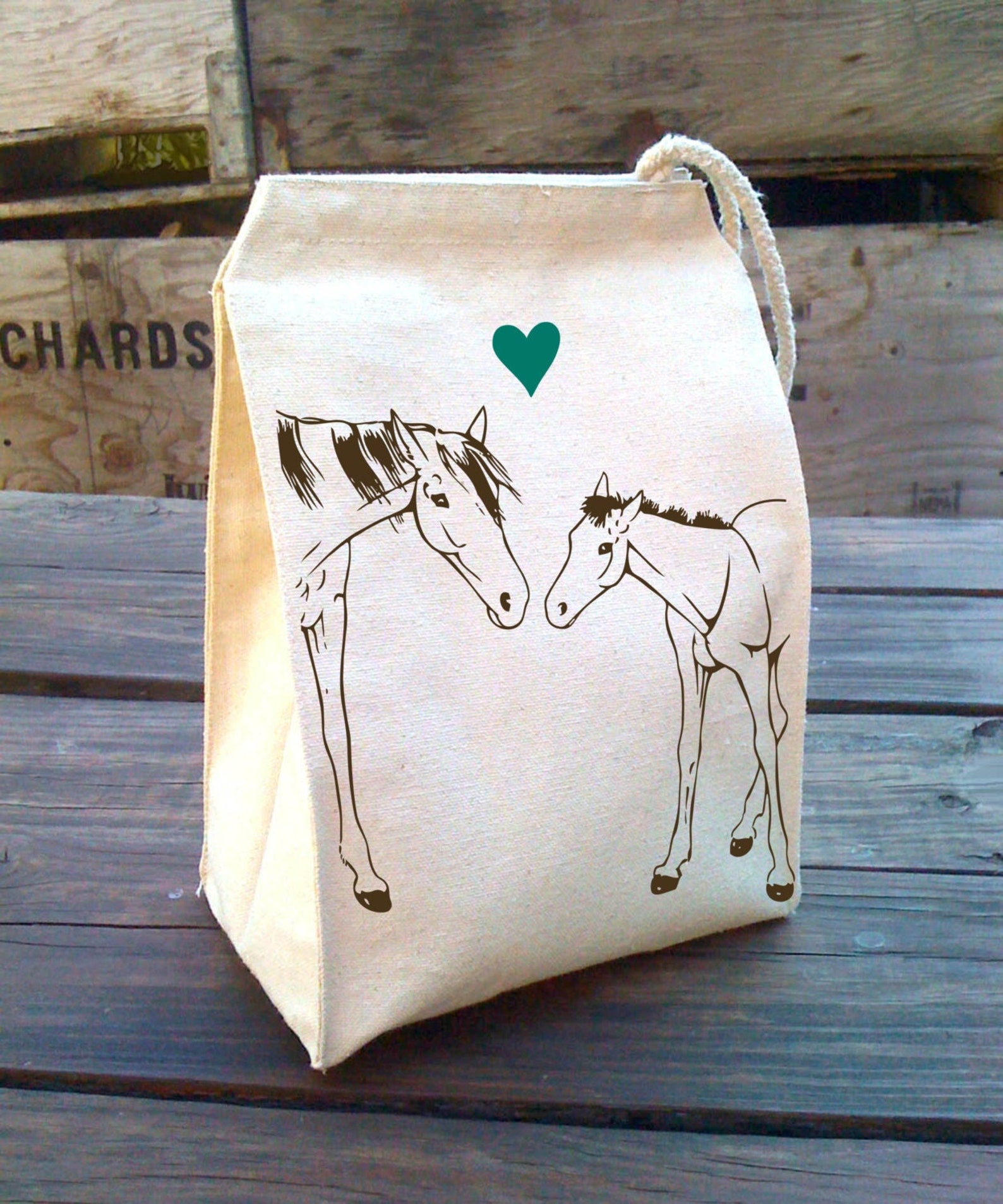 Mare Horse & Foal Cloth School Lunch Bag, Recycled Cotton Canvas Snack ...