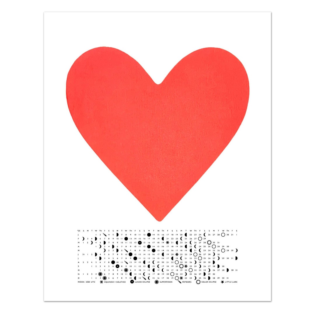 2026 Heart Calendar Print With Moon Phases | Neon Pink Wall Art | Solid ...