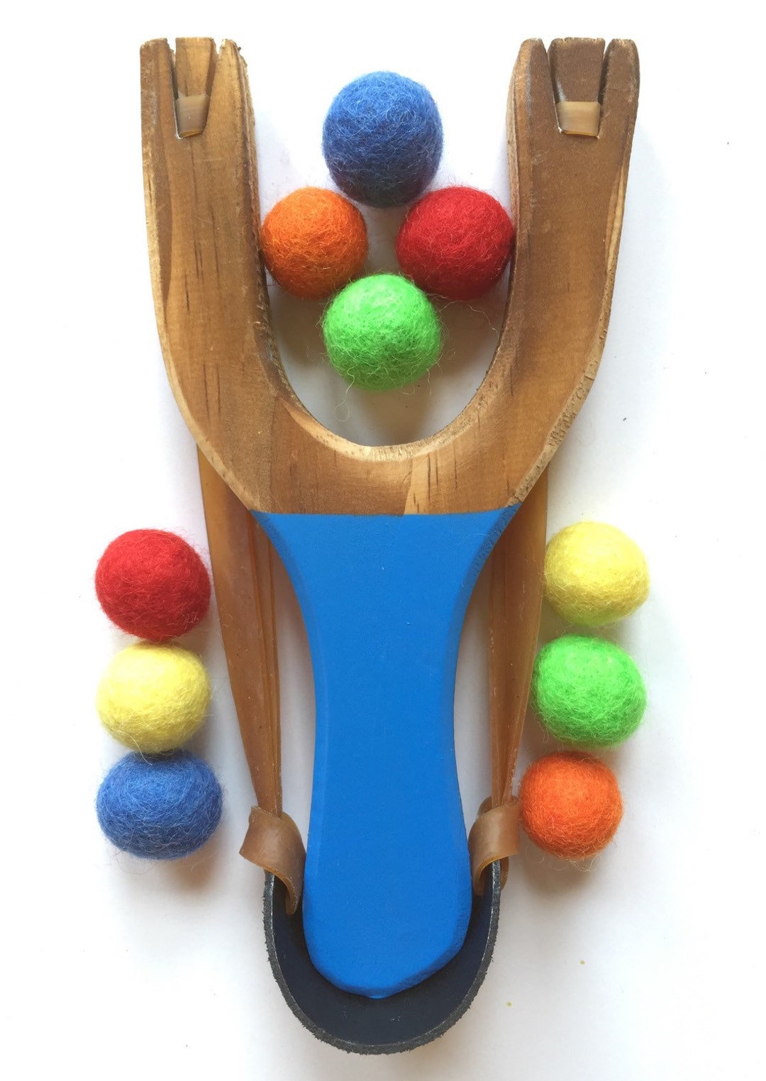 Wooden Slingshot Toy With Rainbow Wool Felt Balls Ammo, Hand Painted ...