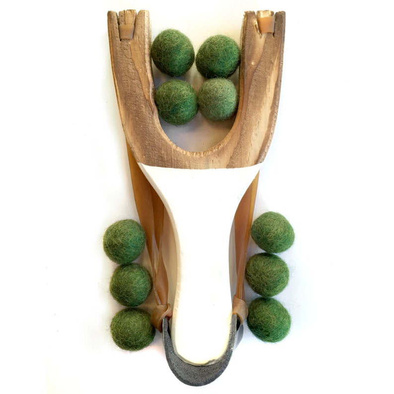 Wood Slingshot Wooden Sling Shot Toy Green Wool Felt Balls - Etsy